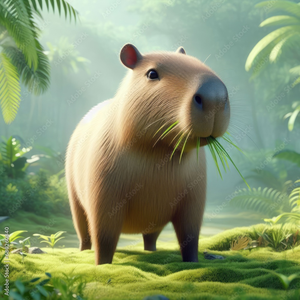 Capybara swimming in the forest eating herbs and walking, illustration ...
