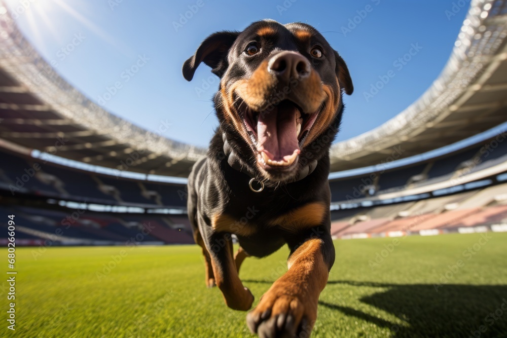 Environmental portrait photography of a happy rottweiler running ...