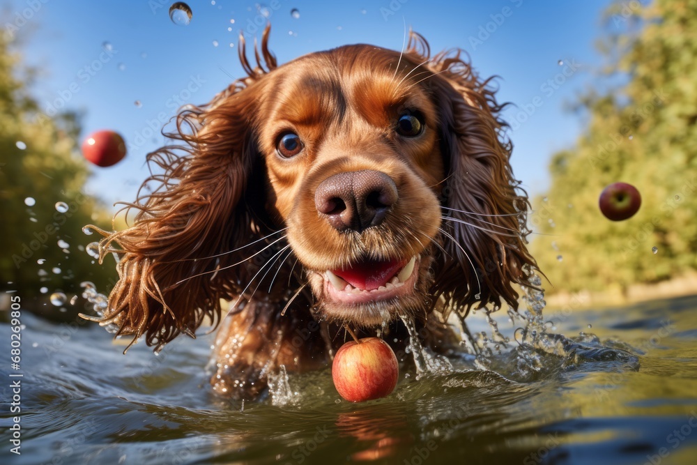 Lifestyle portrait photography of a funny cocker spaniel splashing in a ...