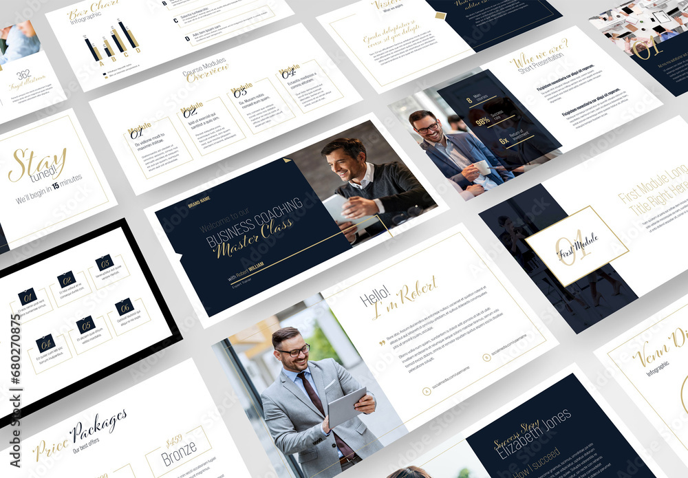 Course Presentation Slide Deck Layout with Blue and Gold Accents Stock ...