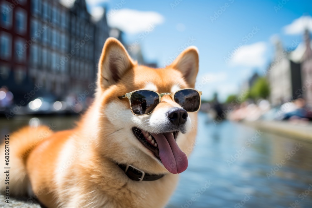 Lifestyle portrait photography of a smiling akita inu wearing a trendy ...