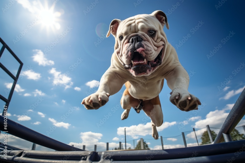 Environmental portrait photography of a funny bulldog jumping over an ...
