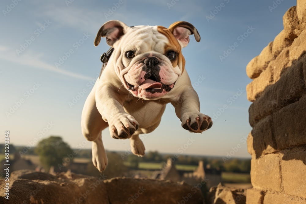 Studio portrait photography of a curious bulldog jumping against ...