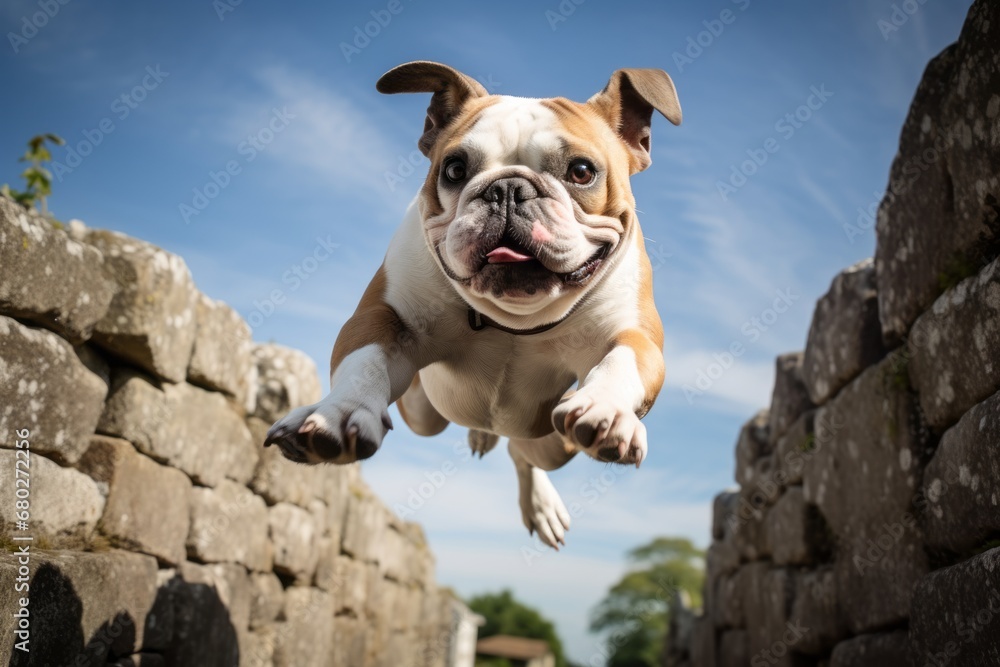 Studio portrait photography of a curious bulldog jumping against ...
