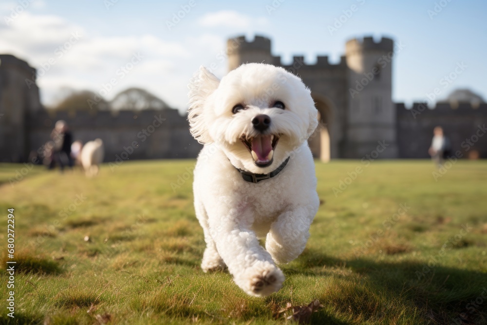 Lifestyle portrait photography of a smiling bichon frise chasing his ...