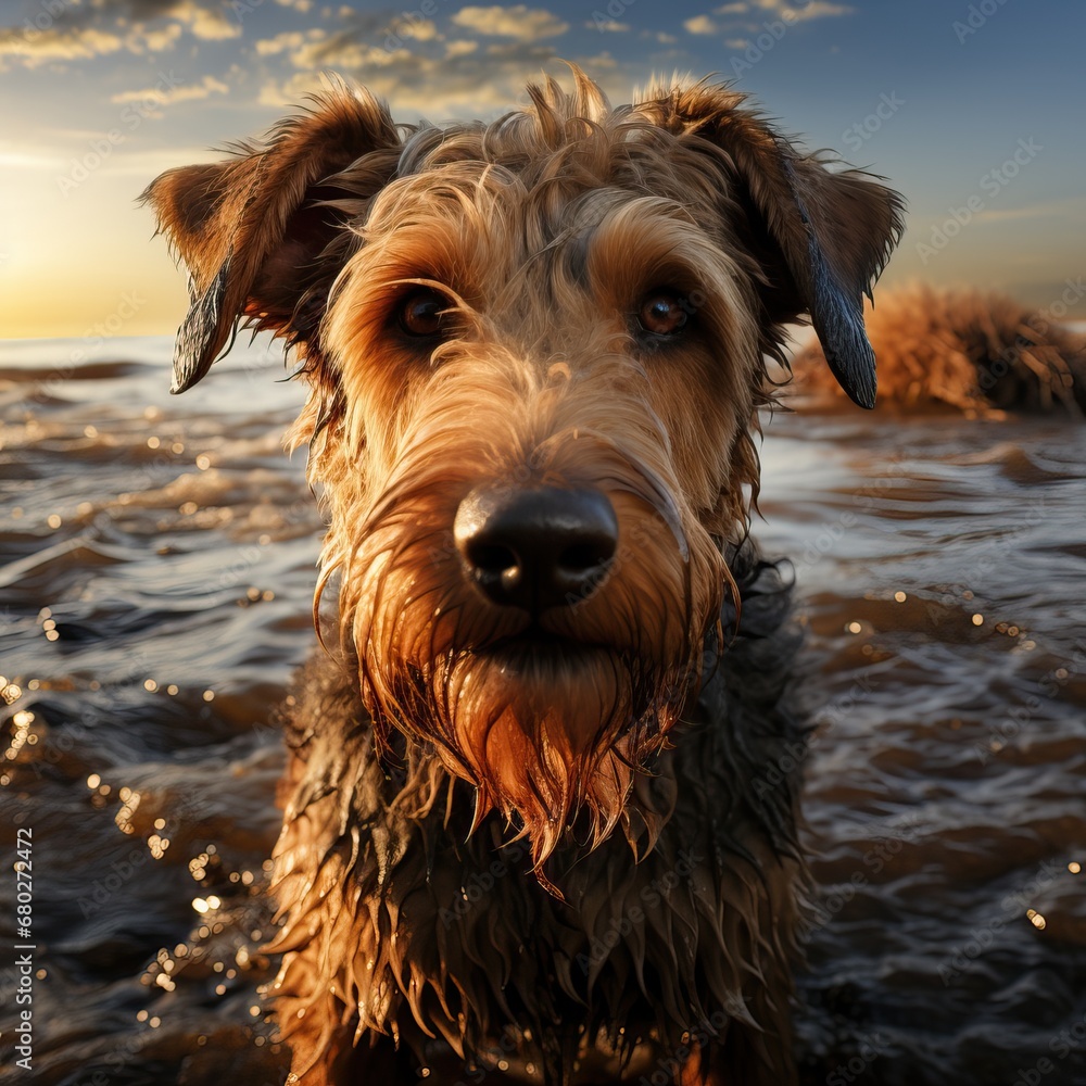 Close-up of airedale terrier. Wildlife scene on nature. Wet dog after ...