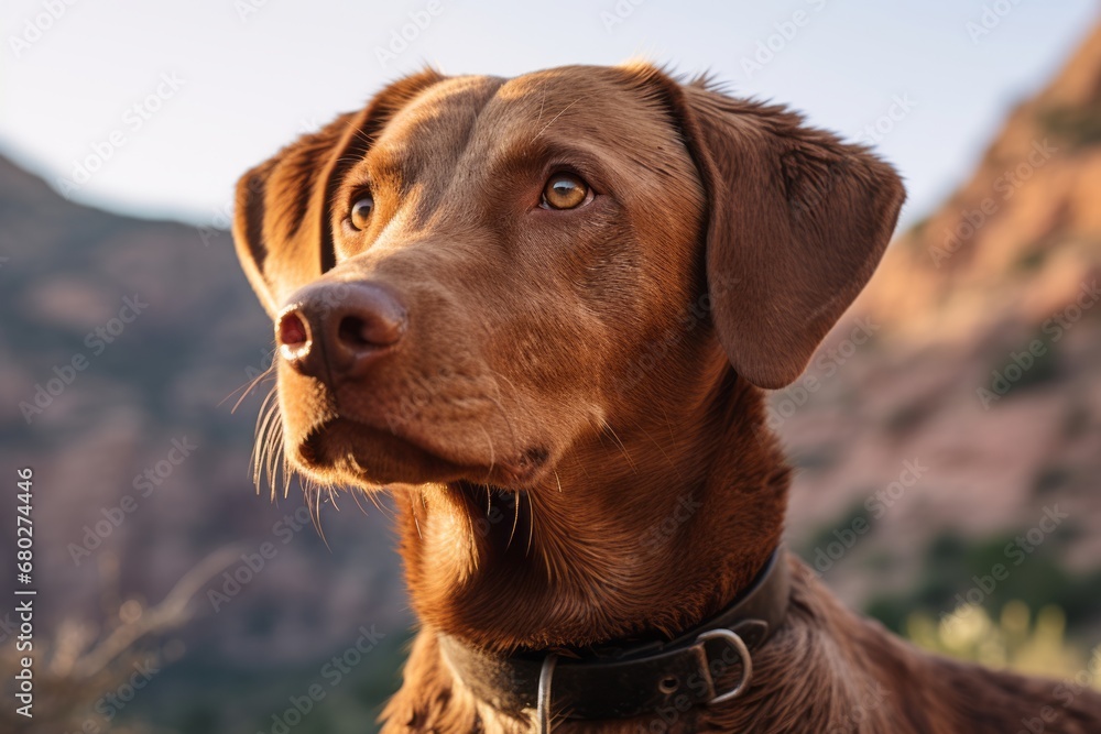 Headshot portrait photography of a curious labrador retriever chewing ...