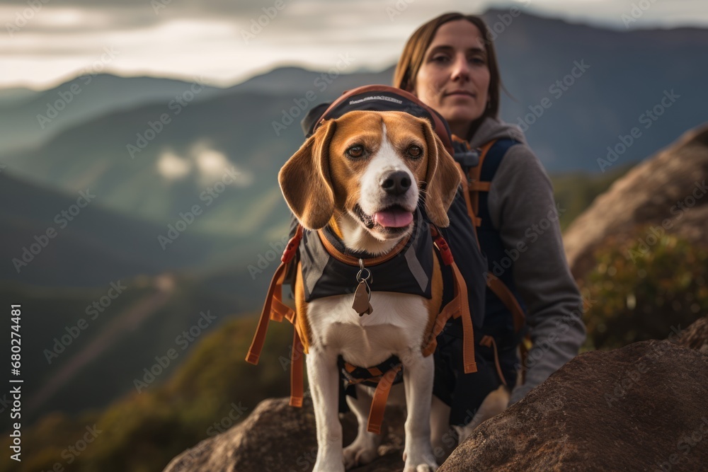 Close-up portrait photography of a curious beagle and his own hiking ...