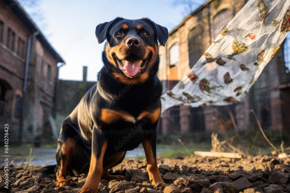 Group portrait photography of a happy rottweiler holding a butterfly ...