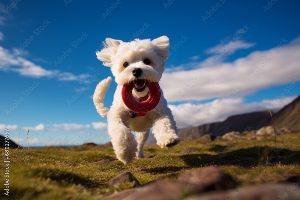 Headshot portrait photography of a curious bichon frise holding a ...