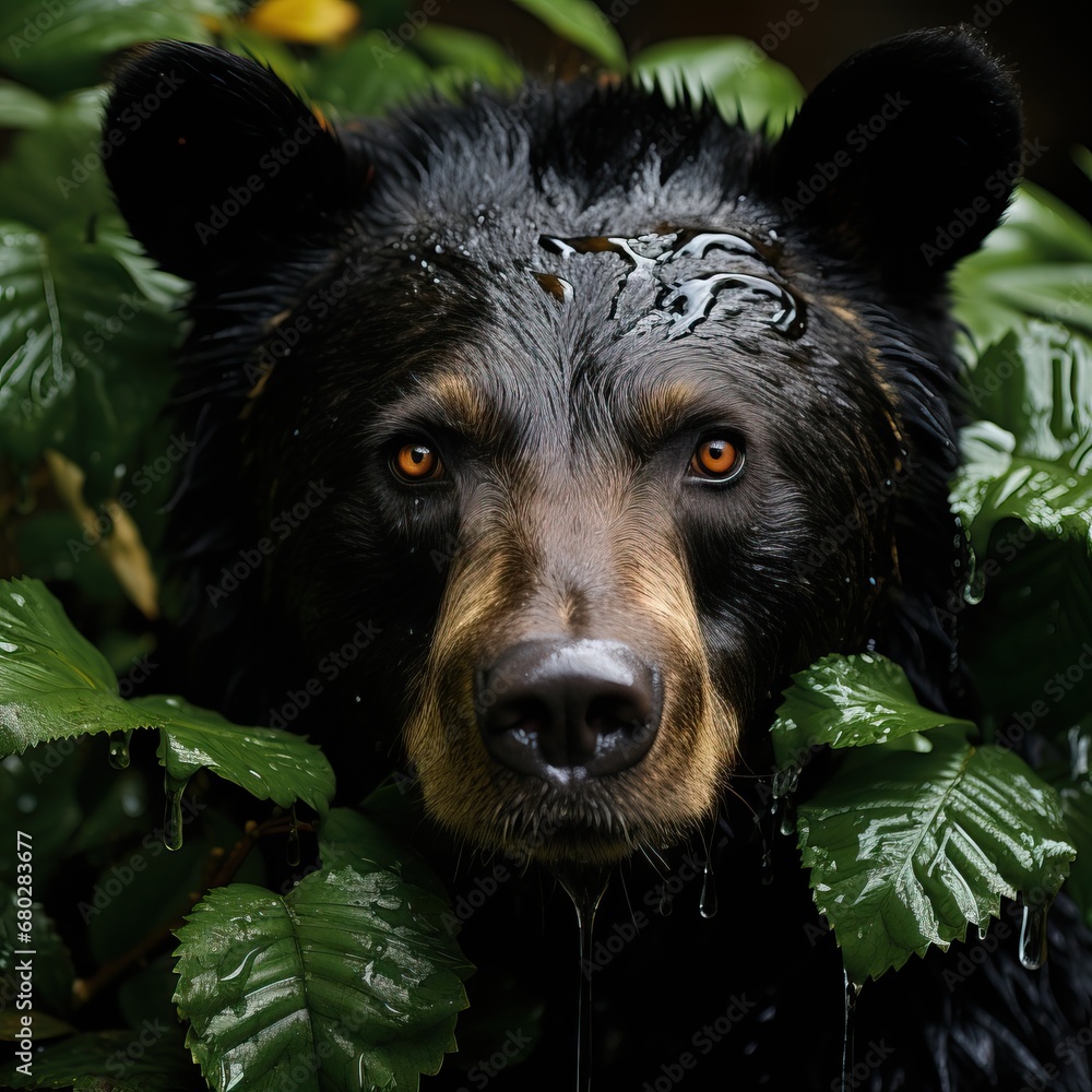 The black bear hides among the green leaves. Close-up of brown bear ...