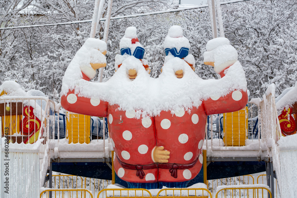 Magadan, Magadan Region, Russia - November 2, 2023. Funny snow-covered ...
