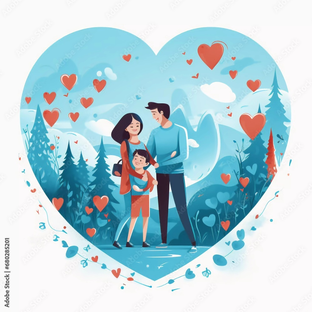 Cute families, parents with a child. Heart symbols as a symbol of love ...