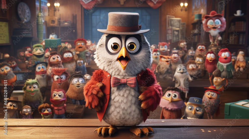 A refined owl, dressed in a top hat and bow tie, stands proudly before ...