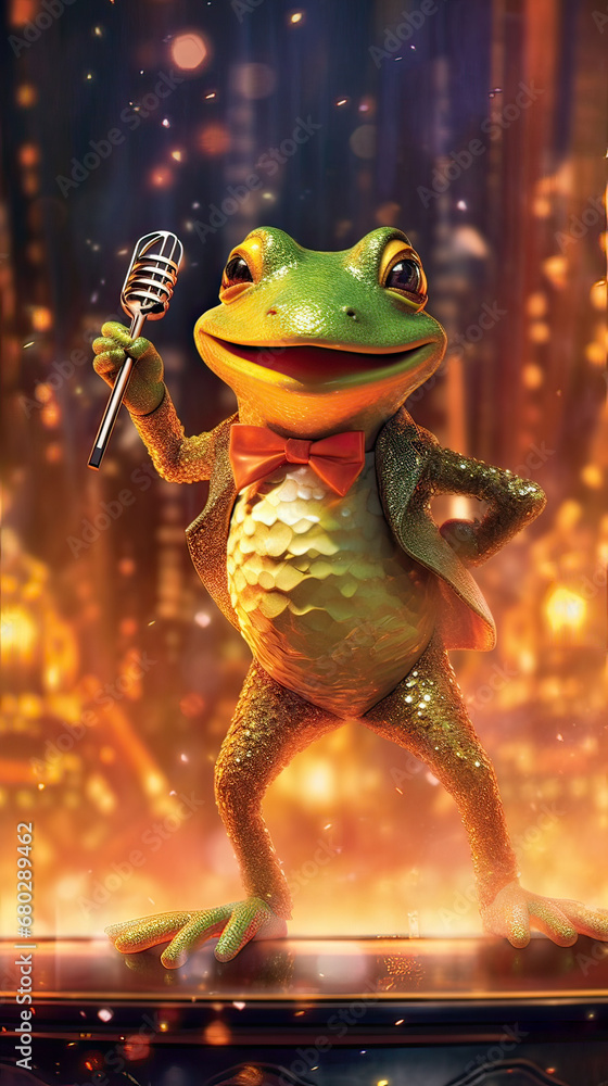 An enchanting frog singer basks in the glow of the stage lights ...