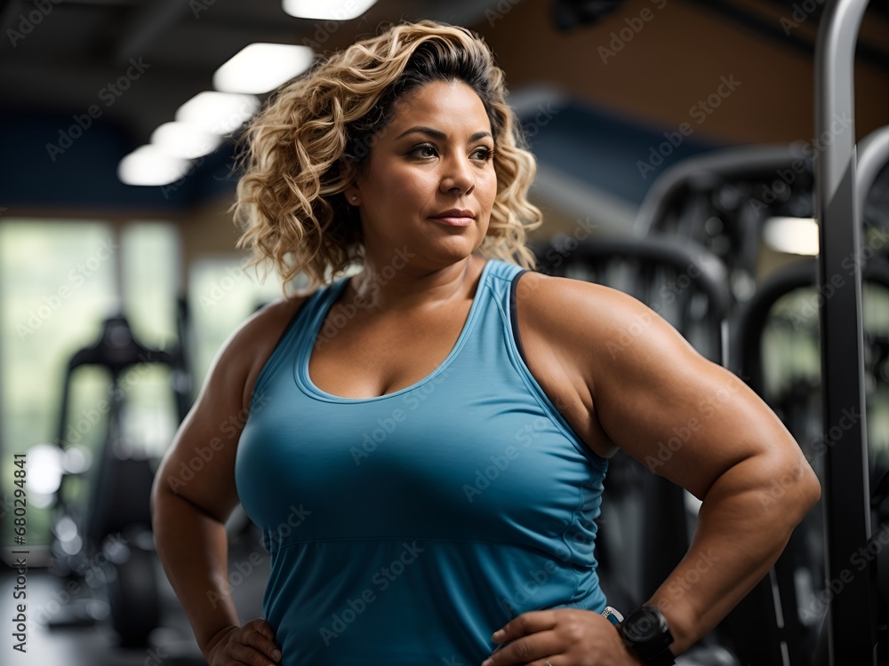 Candid photo of a full-figured middle-aged woman exercising in a gym ...