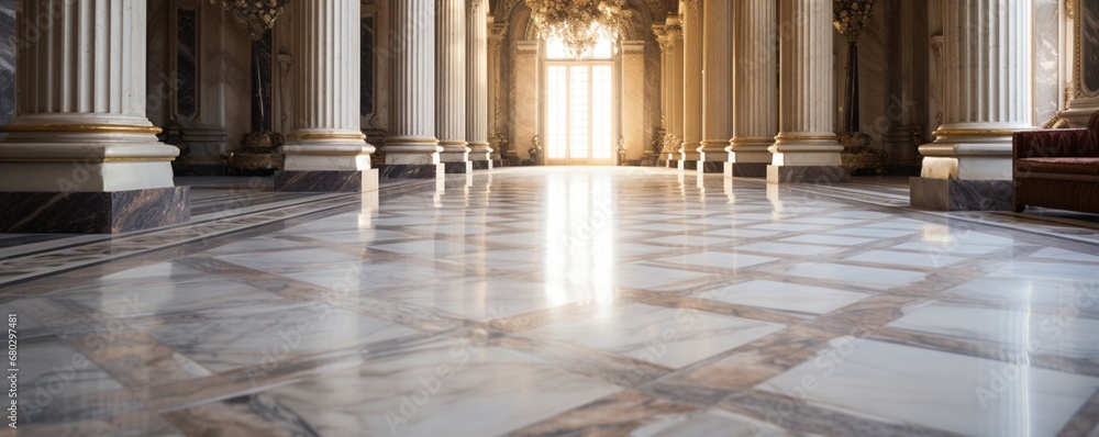 Zoom in on the flawless texture of a polished marble floor in a grand ...