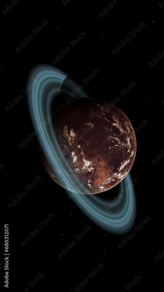 Red rocky desert Mars like planet with orbiting rings. Thin atmosphere ...