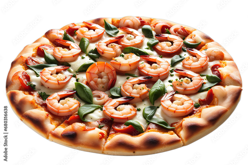 Pizza de camarão grande. Deliciosa pizza de camarão com queijo e ervas ...