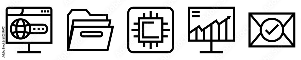 Conjunto de iconos de funciones de la computadora. Navegador web ...