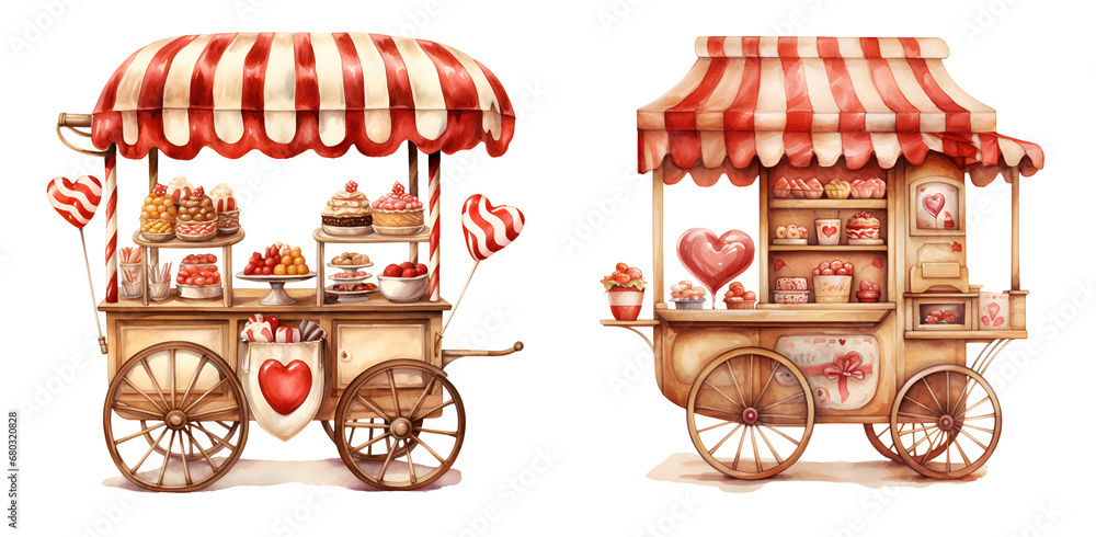 Sweets cart, valentine's day, watercolor clipart illustration with ...