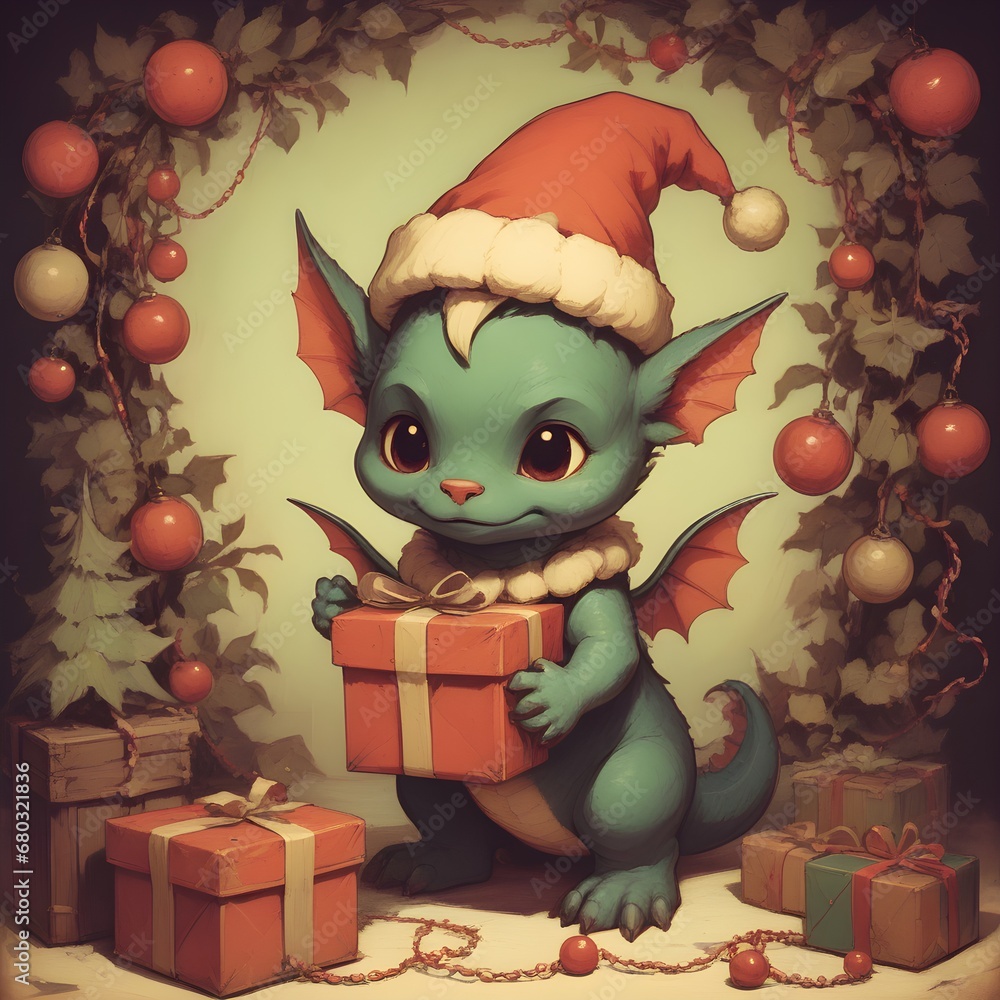 Cute little baby dragon in Santa Claus hat with gift boxes on ...