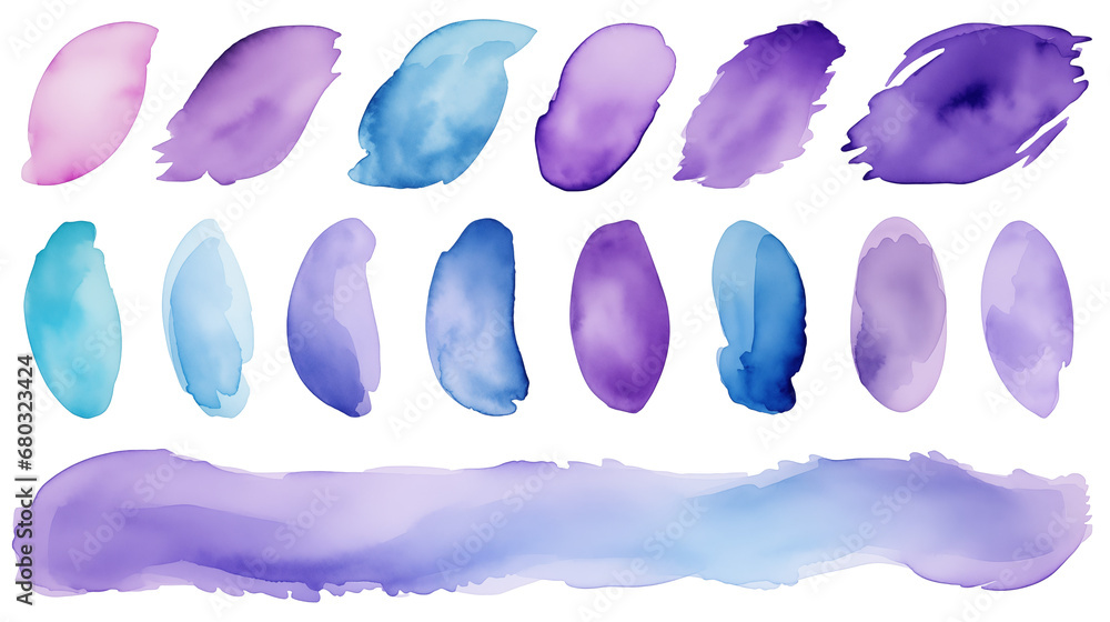 Set of purple and blue swashes, watercolor wave paint abstract border ...