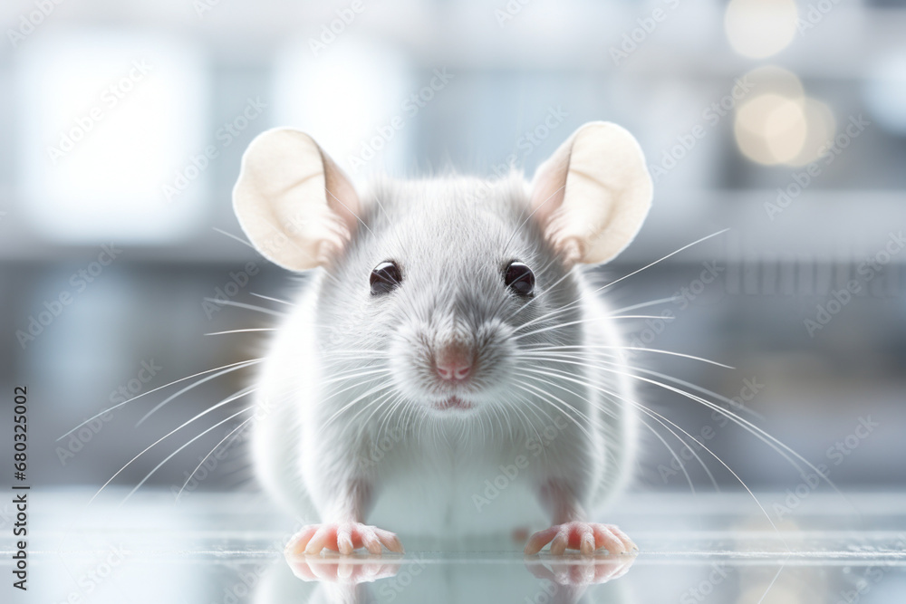 Small white laboratory mouse with dark eyes in on metal lab office ...