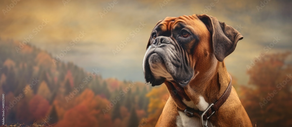In the serene embrace of nature, a magnificent purebred boxer dog ...
