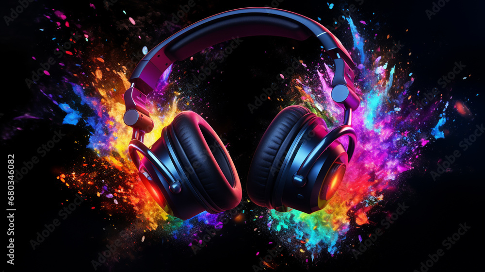 Music headphones background with color explosion on black background ...