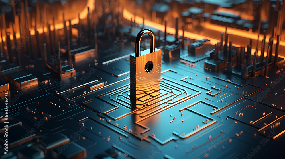 Padlock on top of computer circuit board poster web page PPT background, digital technology ...