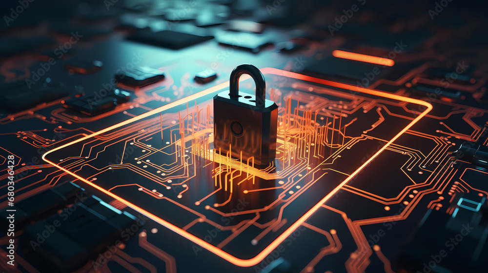 Padlock on top of computer circuit board poster web page PPT background, digital technology ...