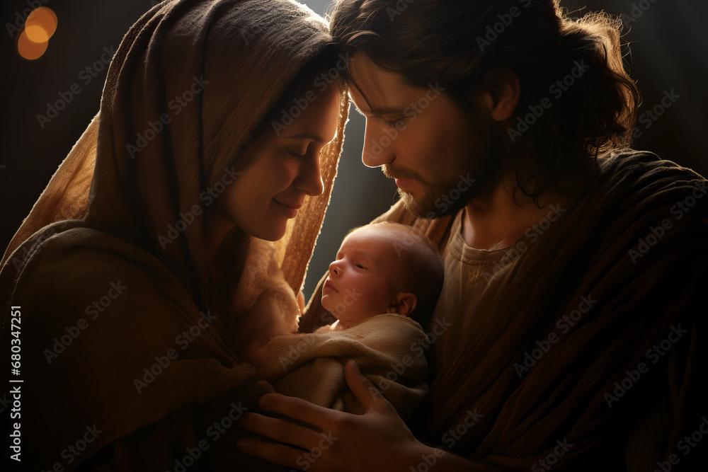 Christmas nativity portrait of Mary and Joseph with the baby Jesus in ...