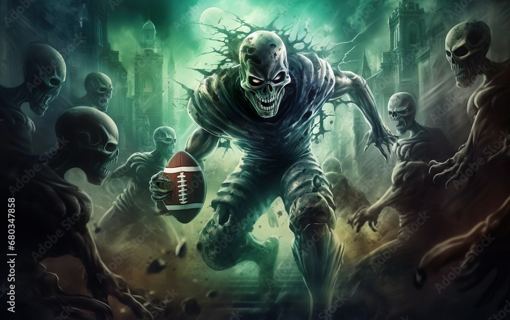 Super bowl horror poster. Halloween sports banner, spooky skeleton ...