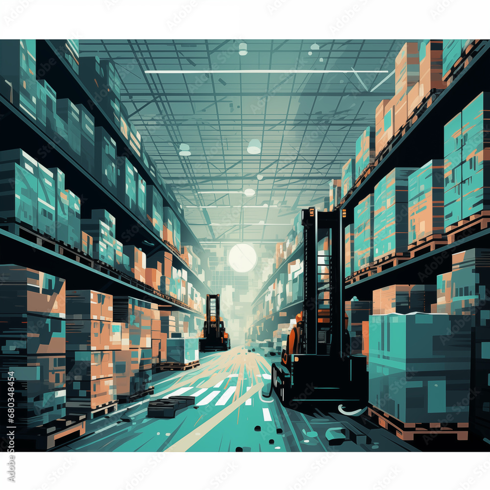 a large warehouse filled with lots of boxes, commercial illustration ...