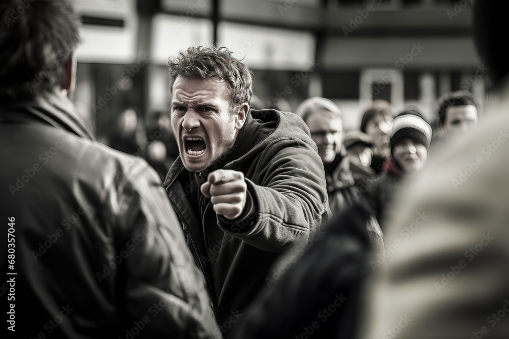 In a tense street scene, an aggressive man strides forward, exuding ...