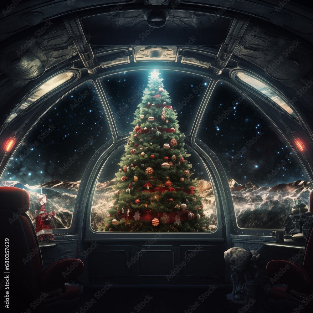 a christmas tree sitting inside of a spaceship, concept art, space art ...