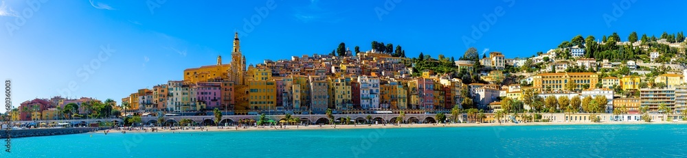 View of Menton, a town on the French Riviera in southeast France known ...