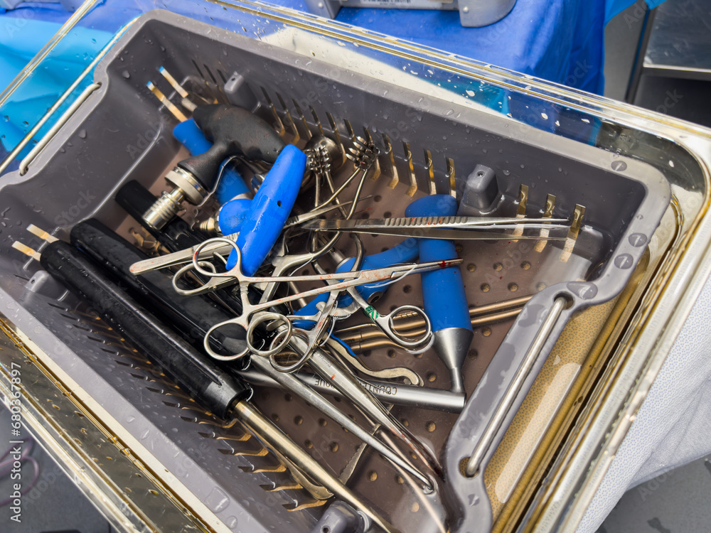 sterile surgical instruments in a hospital setting, representing ...
