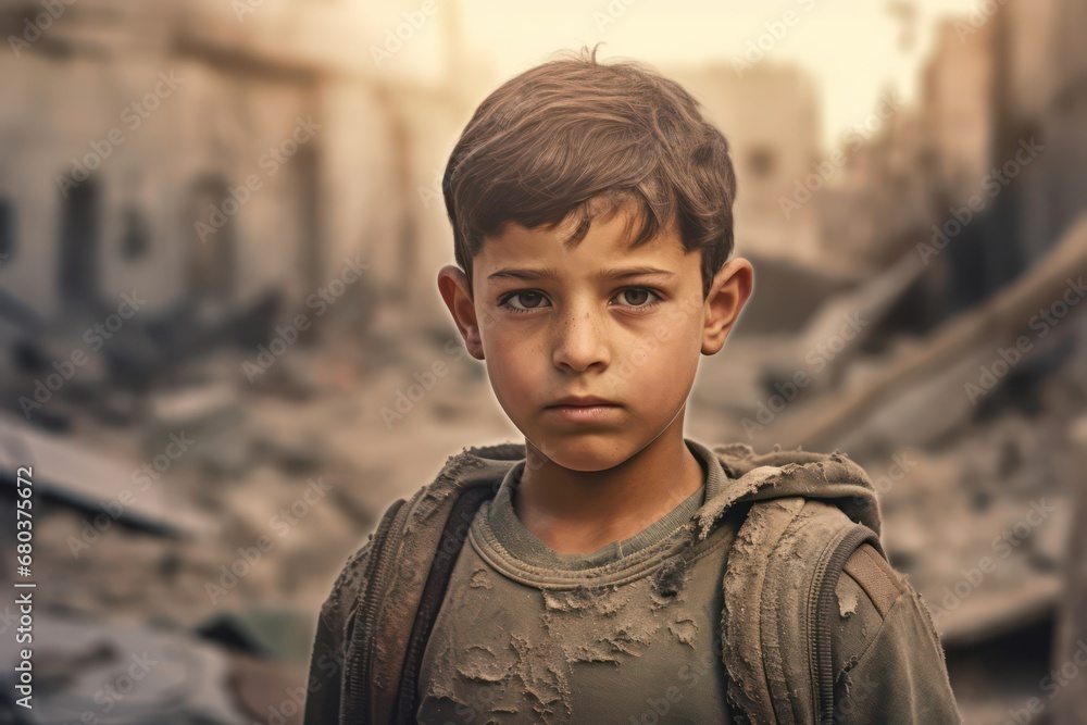 Close up of Cry very hard child poor looking collapse buildings area ...