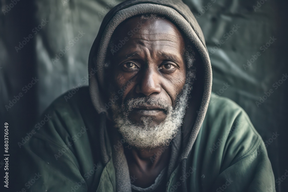 Foto de Closeup homeless poor black man crying poverty, hunger, retirement. do Stock | Adobe Stock