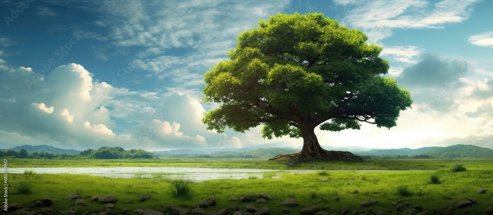 serene beauty of the natural landscape, a majestic tree stood tall, its ...