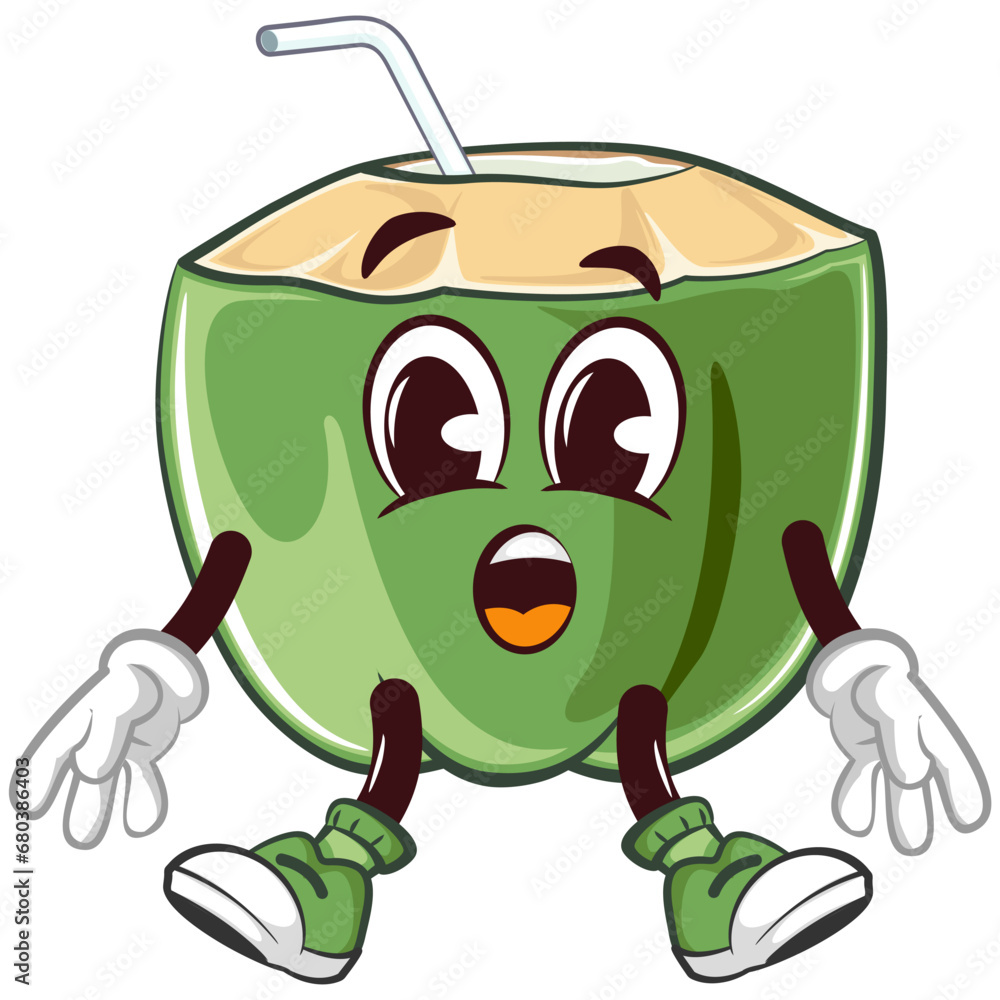 coconut drink character mascot with straw with funny face when tired ...