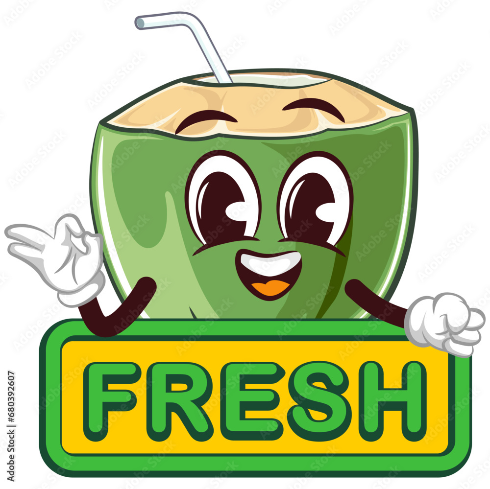 mascot coconut drink character with a straw with a funny face giving an ...