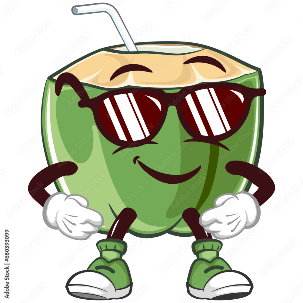 mascot coconut drink character with a straw with a cool stylish funny ...