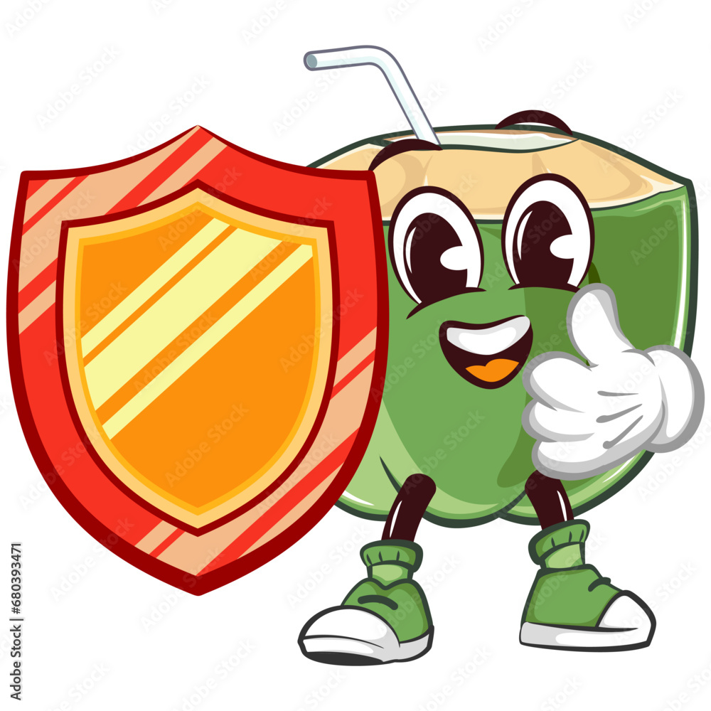 mascot character of coconut drink with straw with funny face shielding ...