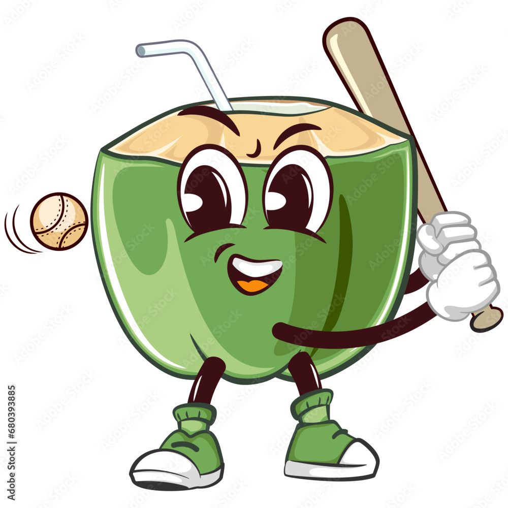 mascot coconut drink character with a straw with a funny face playing ...