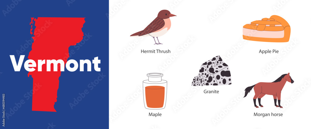 Vermont states map shape symbol object granite stone morgan horse maple ...