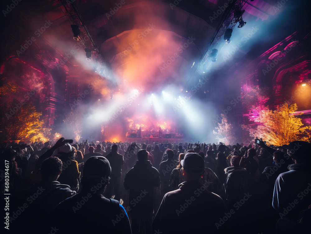 Colorful concert hall with lively crowd and dynamic stage lighting ...