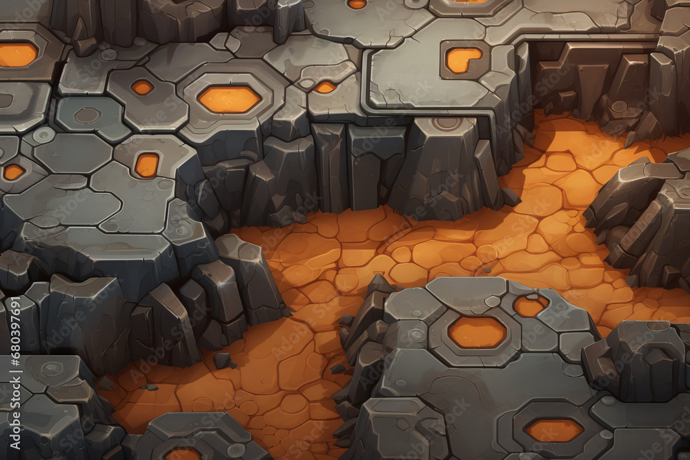 Top-down, illustrated asset of metal covered battlements, game background setting, material ...